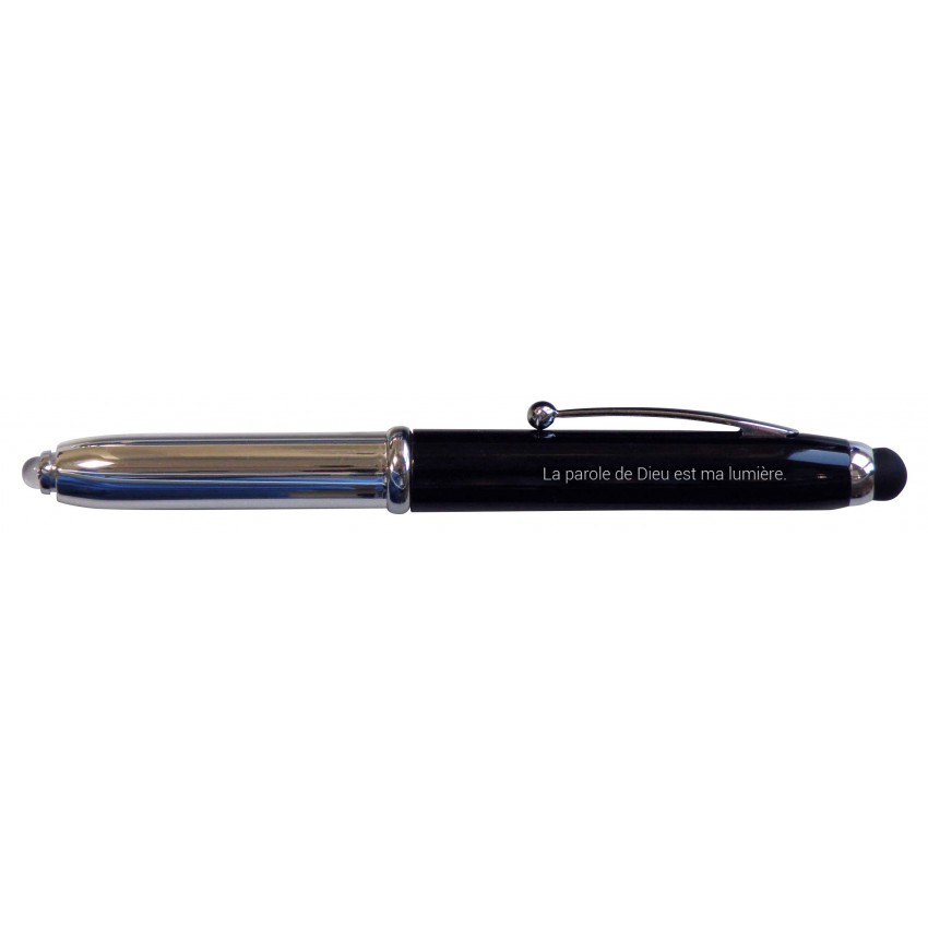 Stylo Emmaüs noir avec LED et embout tactile, étui en carton