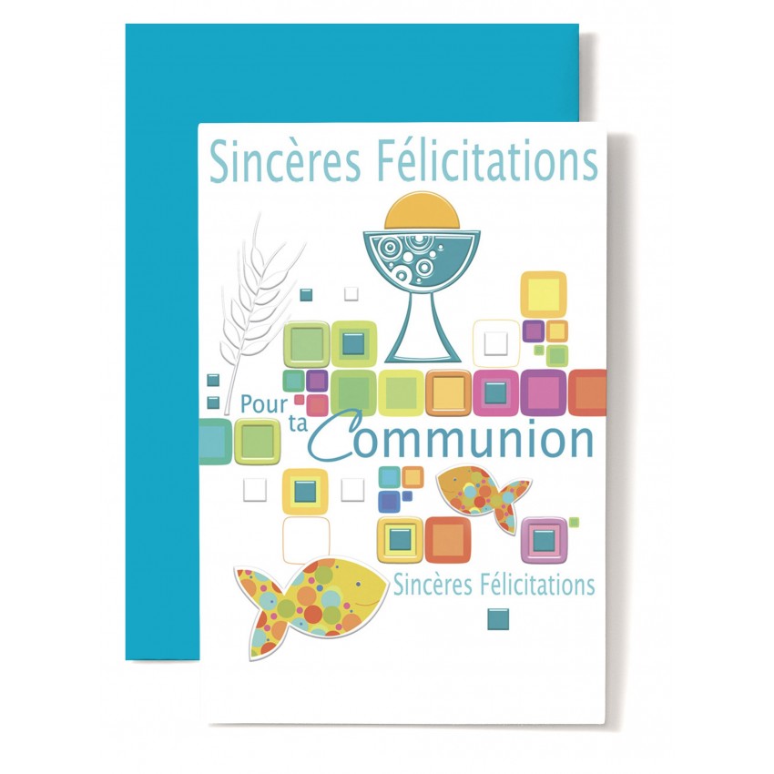 Carte Double Communion Coupe bleue et blanche, poissons multicolores
