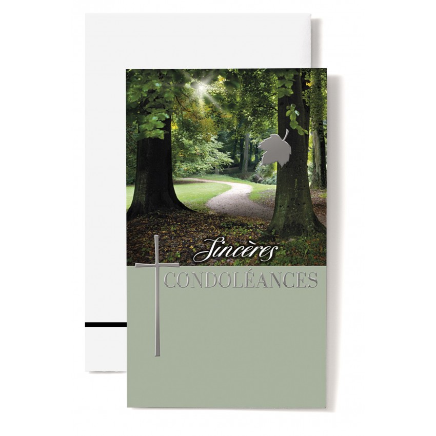 Carte Double Condoléances Chemin dans forêt, croix