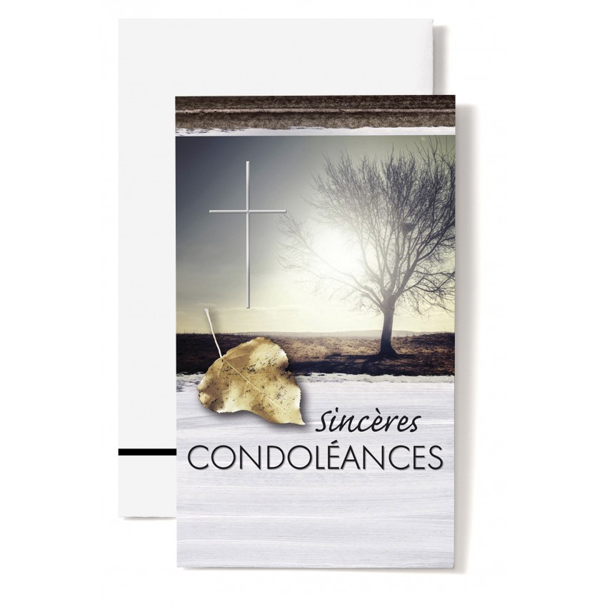 Carte Double Condoléances Croix, bouleau, feuille, le soir